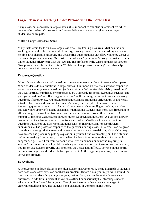 Large Classes: A Teaching Guide: Personalizing the Large Class n any class