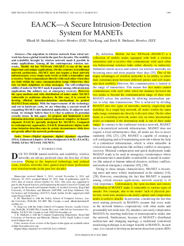 Pdf Eaack—a Secure Intrusion Detection System For Manets