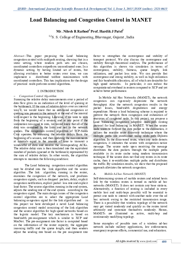 Pdf Load Balancing And Congestion Control In Manet