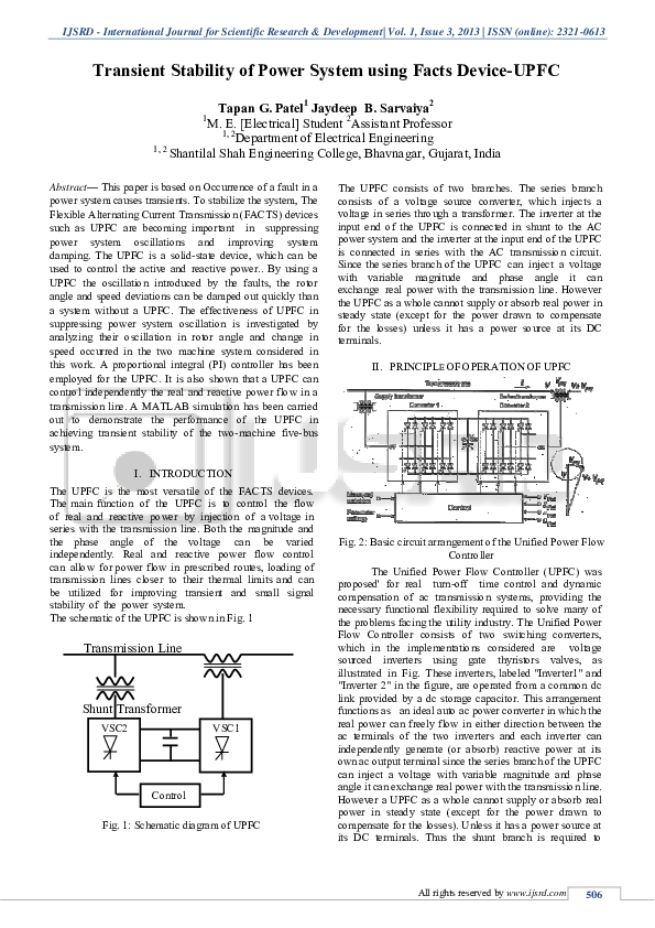 (PDF) Transient Stability of Power System using Facts Device-UPFC