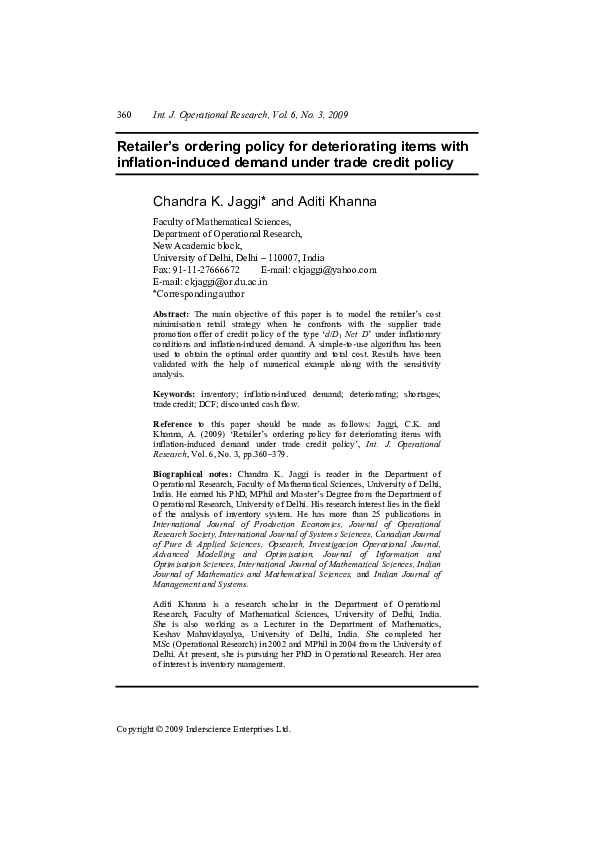 Pdf Retailers Ordering Policy For Deteriorating Items With Inflation Induced Demand Under