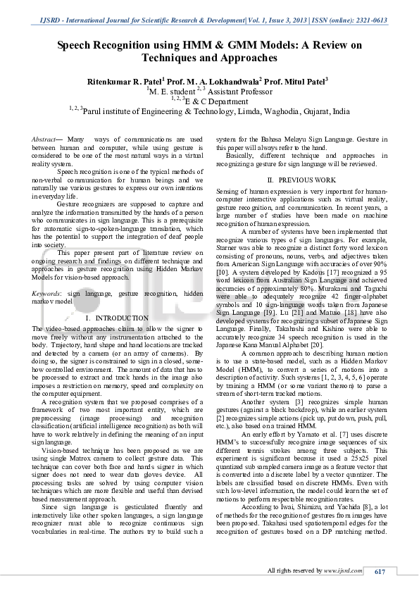 (PDF) Speech Recognition using HMM & GMM Models: A Review on Techniques and Approaches