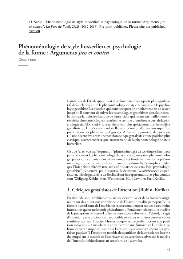(PDF) Phénoménologie de style husserlien et psychologie de la forme ...