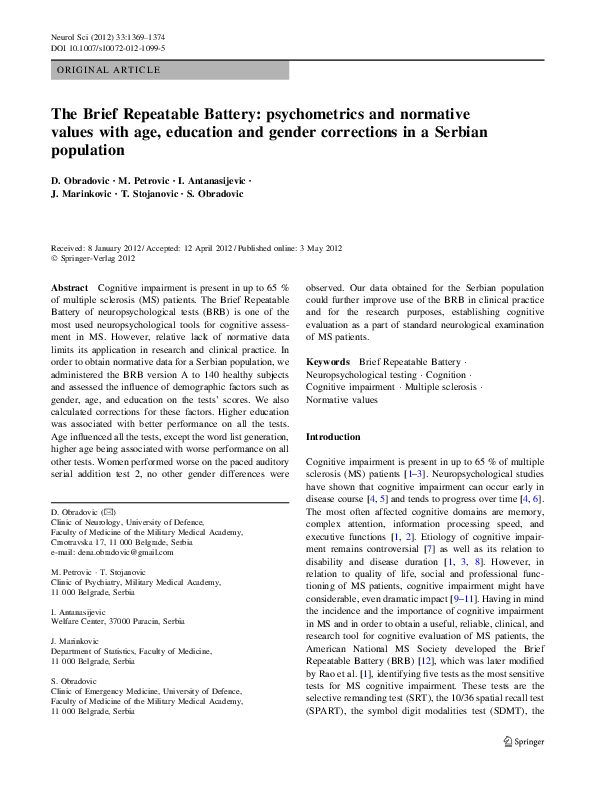 (PDF) The Brief Repeatable Battery: psychometrics and normative values ...