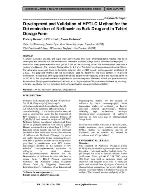 (PDF) Development and Validation of HPTLC Method for the Determination of Nelfinavir as Bulk ...