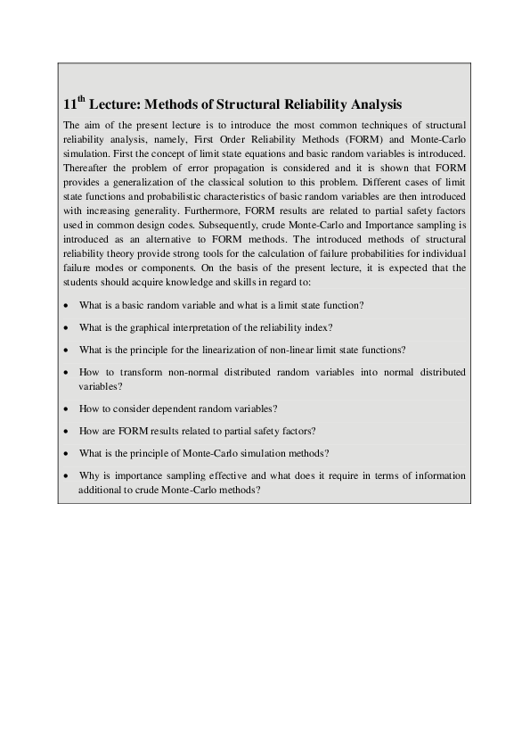 (PDF) 1 th Lecture: Methods of Structural Reliability Analysis