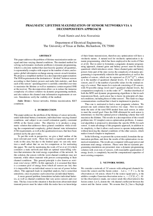 (PDF) Pragmatic lifetime maximization of cooperative sensor networks via a decomposition approach