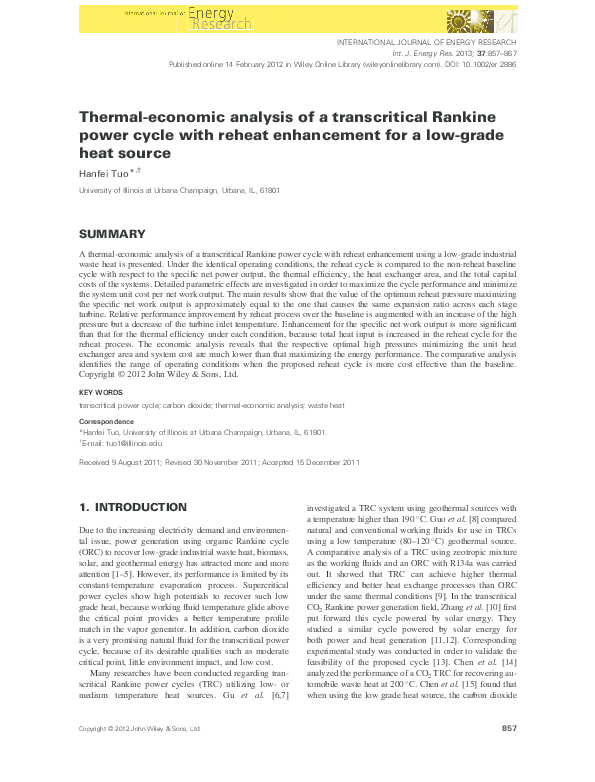 (PDF) Thermal-economic analysis of a transcritical Rankine power cycle with reheat enhancement ...