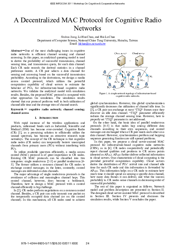 Pdf A Decentralized Mac Protocol For Cognitive Radio Networks
