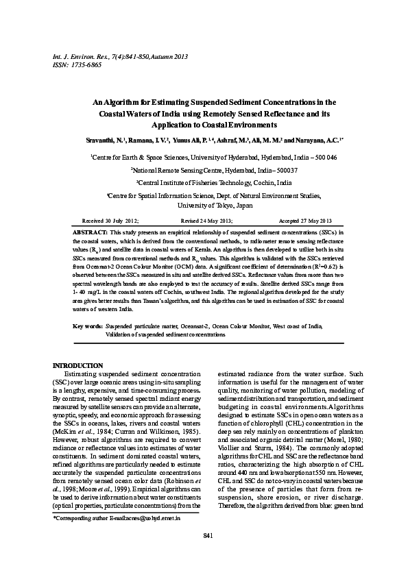 Pdf Algorithm For Estimating Suspended Sediment Concentrations In Coastal Waters Of India 