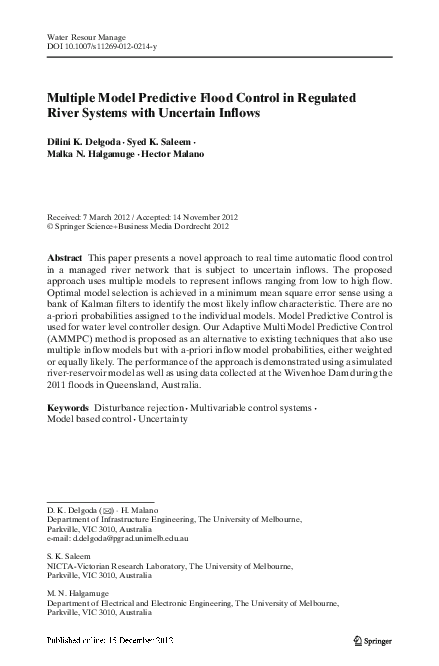 Pdf Multiple Model Predictive Flood Control In Regulated River