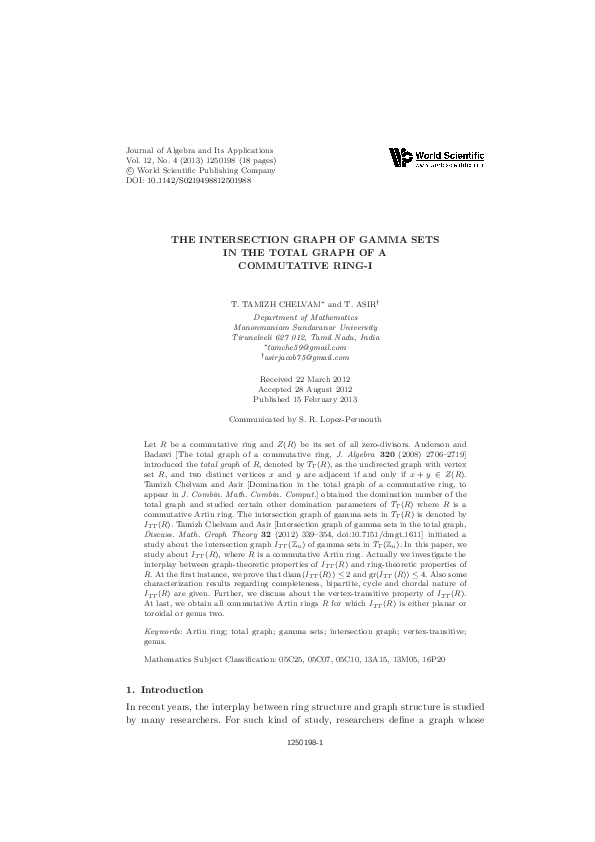 Pdf On The Intersection Graph Of Gamma Sets In The Total Graph Of A