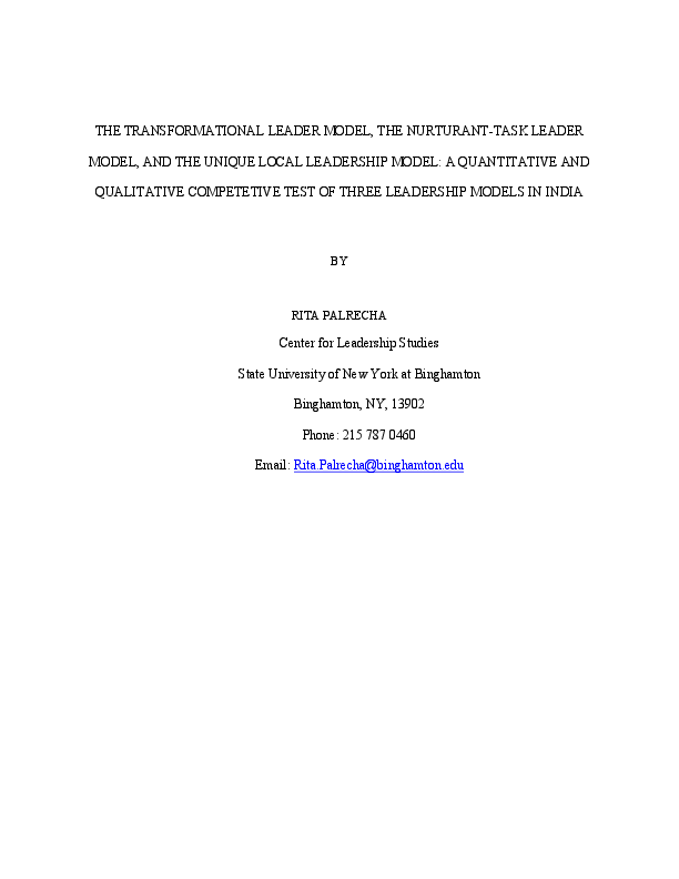 (PDF) THE TRANSFORMATIONAL LEADER MODEL, THE NURTURANT-TASK LEADER ...