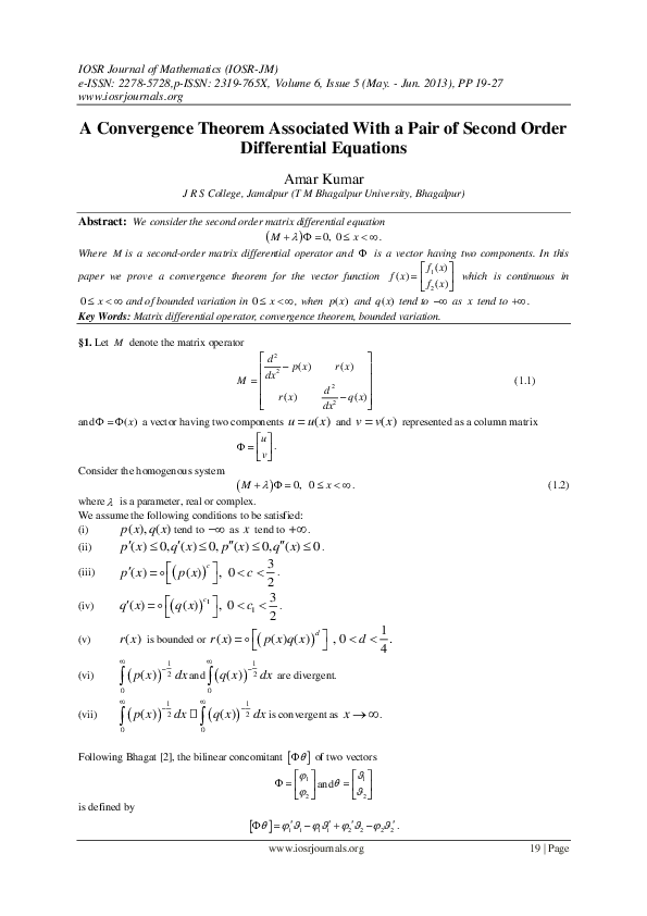 (PDF) A Convergence Theorem Associated With a Pair of Second Order Differential Equations