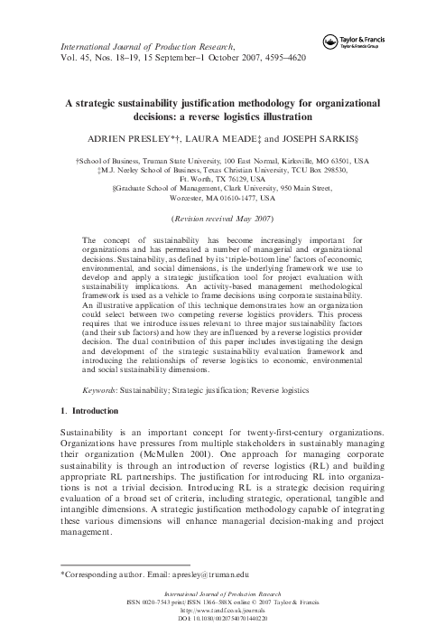 (PDF) A strategic sustainability justification methodology for ...