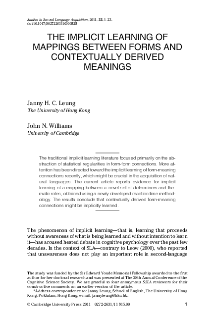 Pdf The Implicit Learning Of Mappings Between Forms And Contextually