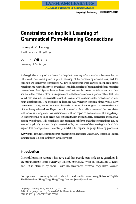 (PDF) Constraints on Implicit Learning of Grammatical Form-Meaning Connections.