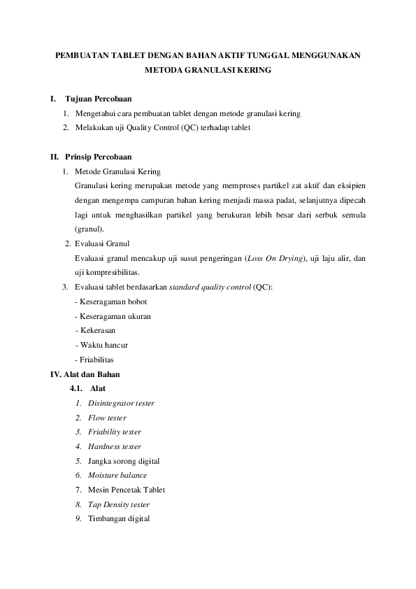 PEMBUATAN TABLET DENGAN BAHAN AKTIF TUNGGAL MENGGUNAKAN METODA ...