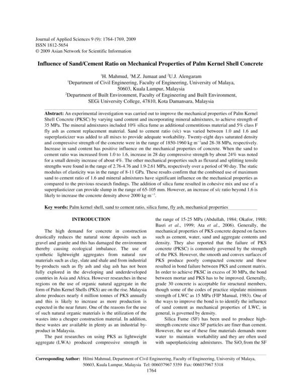 (PDF) Influence of Sand/Cement Ratio on Mechanical Properties of Palm ...
