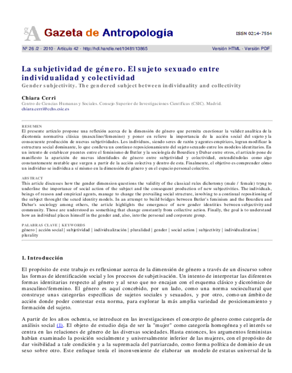 Pdf La Subjetividad De Género El Sujeto Sexuado Entre Individualidad