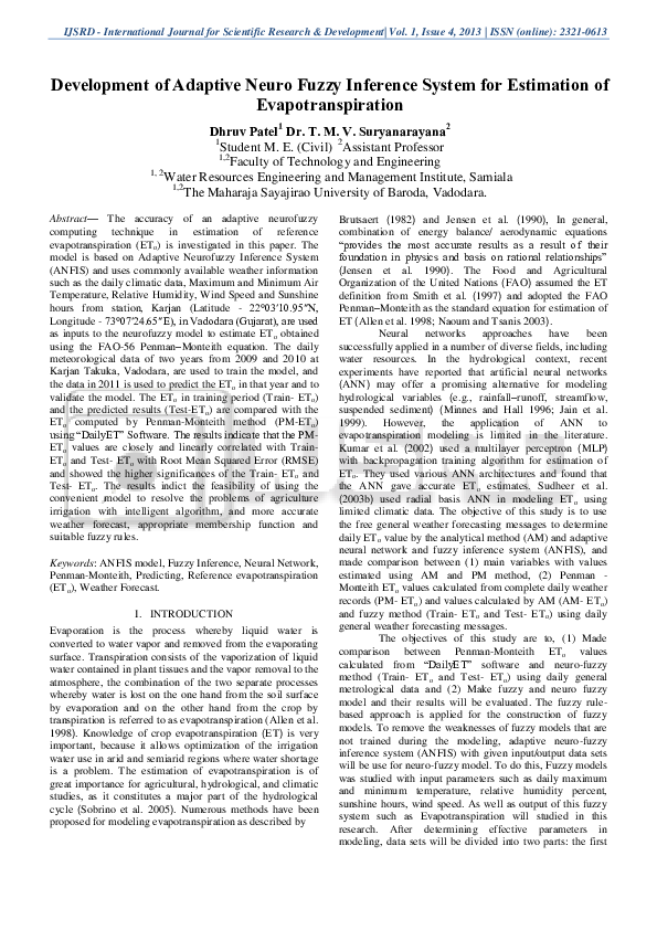 (PDF) Development of Adaptive Neuro Fuzzy Inference System for Estimation of Evapotranspiration