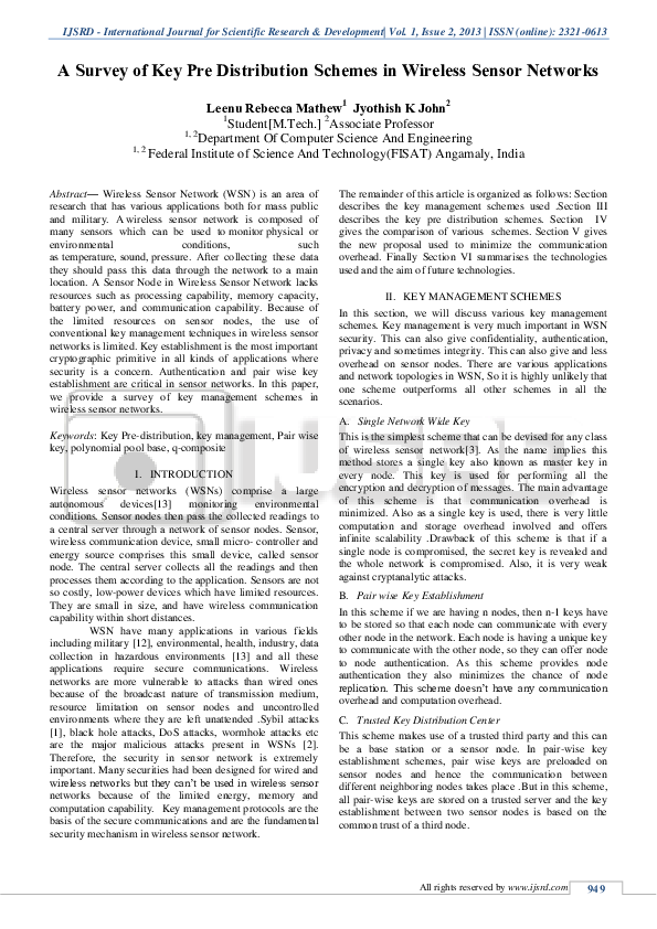 Pdf A Survey Of Key Pre Distribution Schemes In Wireless Sensor Networks