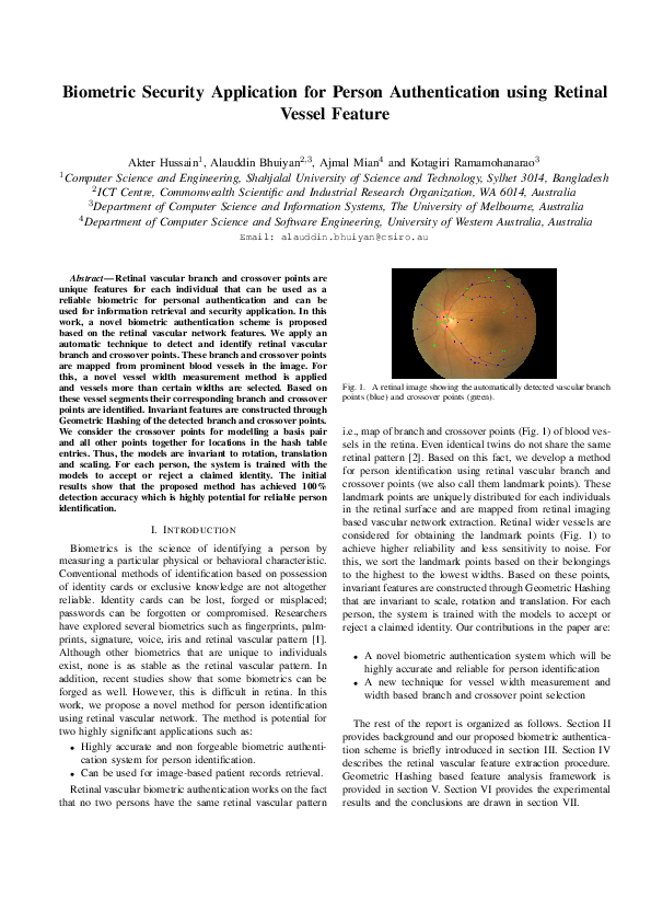 Pdf Biometric Security Application For Person Authentication Using Retinal Vessel Feature