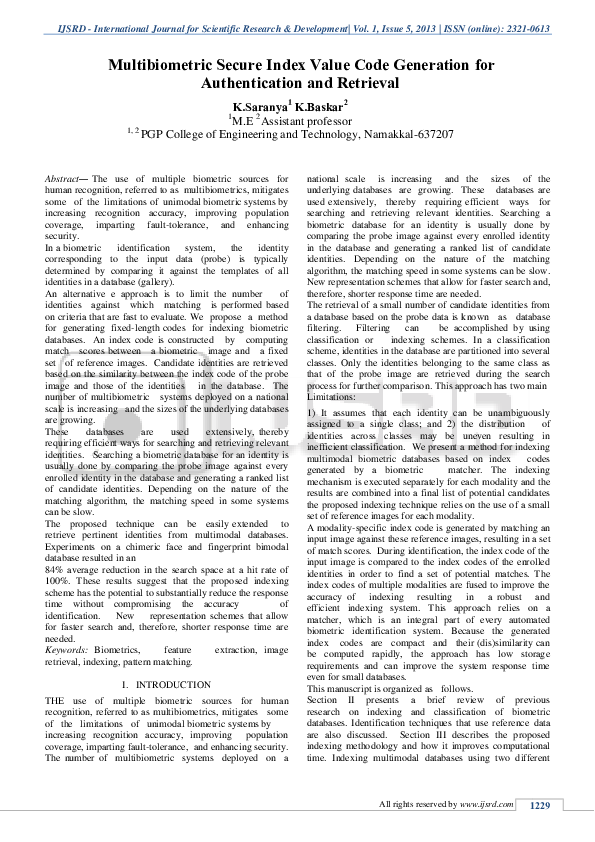 (PDF) Multibiometric Secure Index Value Code Generation for Authentication and Retrieval | IJSRD ...