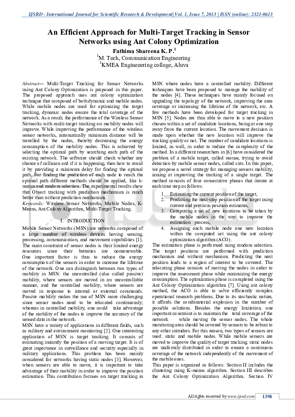 Pdf An Efficient Approach For Multi Target Tracking In Sensor Networks Using Ant Colony