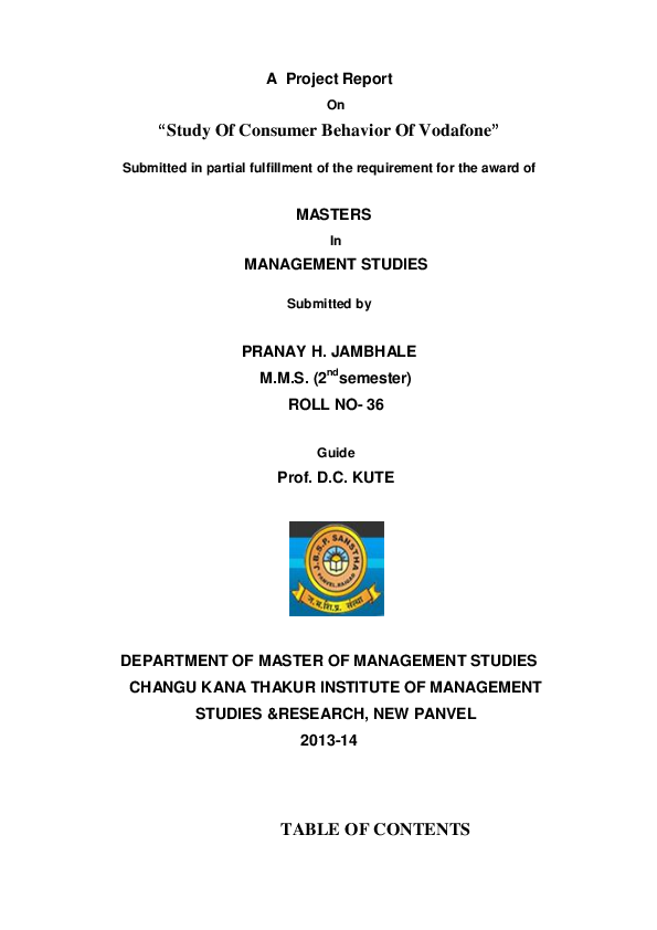 (DOC) A Project Report On "Study Of Consumer Behavior Of Vodafone" Submitted in partial ...