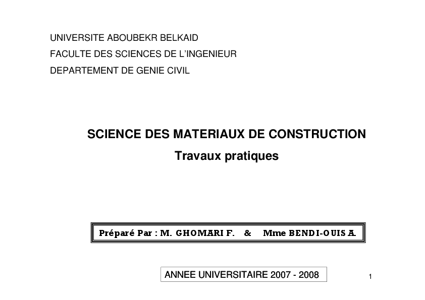 (PDF) Ghomari SCIENCE DES MATERIAUX DE CONSTRUCTION Travaux pratiques