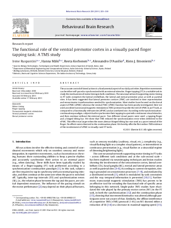 (PDF) The functional role of the ventral premotor cortex in a visually-paced finger tapping task ...