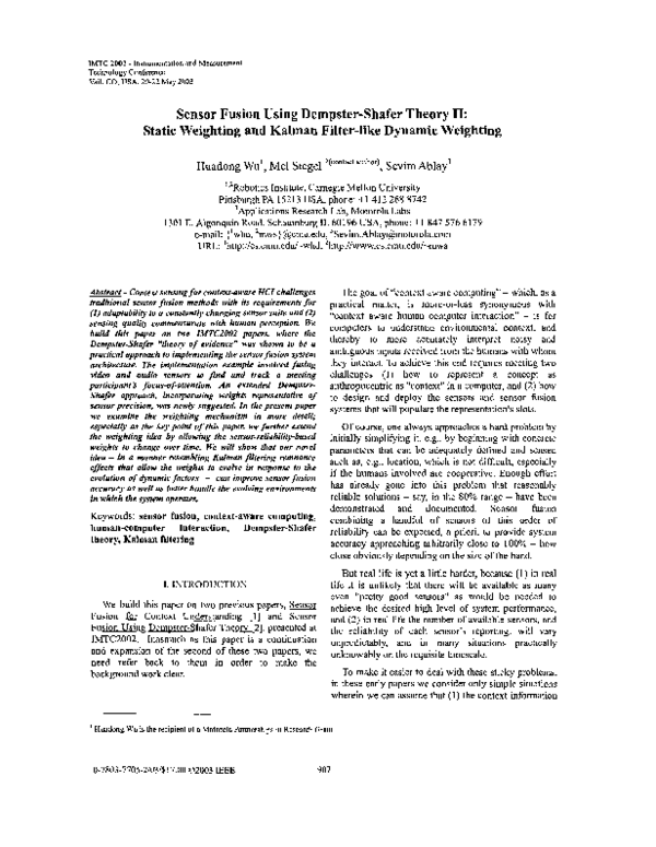 (PDF) Sensor Fusion using Dempster-Shafer Theory II: Static Weighting and Kalman Filter-like ...