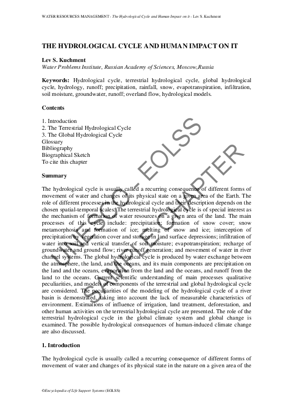 (PDF) WATER RESOURCES MANAGEMENT -The Hydrological Cycle and Human ...