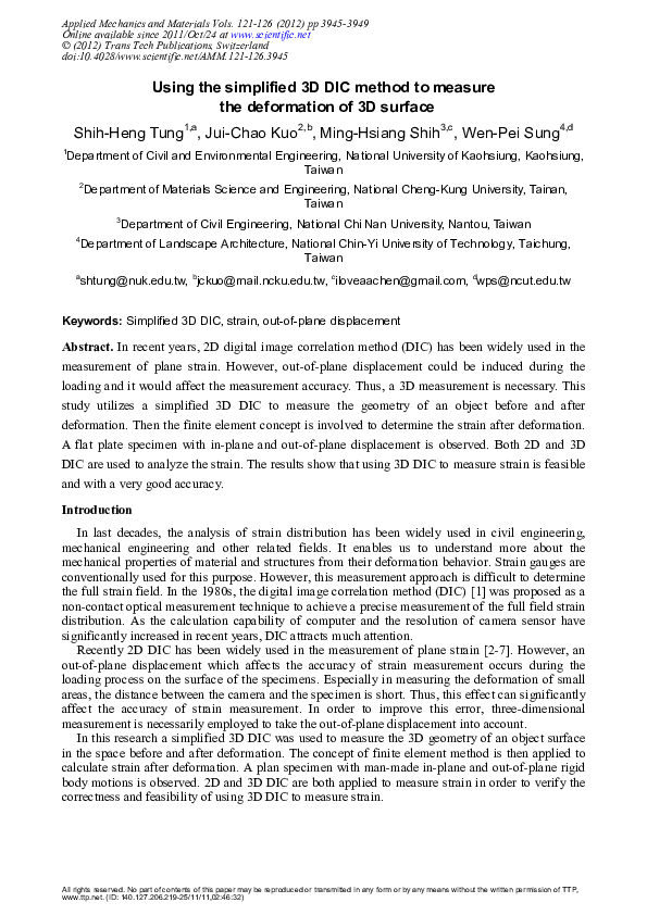 (PDF) Using the simplified 3D DIC method to measure the deformation of ...