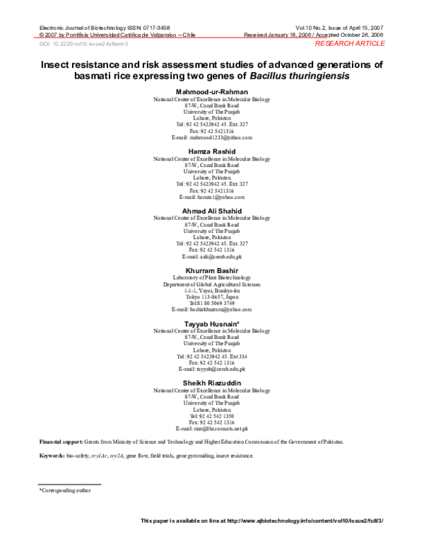 (PDF) Insect resistance and risk assessment studies of advanced generations of basmati rice ...
