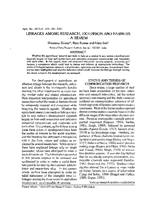 (PDF) LINKAGES AMONG RESEARCH, EXTENSION AND FARMERS -A REVIEW