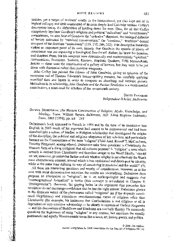 (PDF) Daniel Dubuisson, The Western Construction of Religion