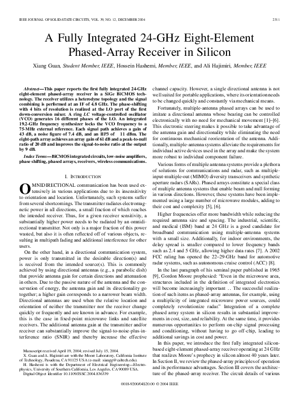 Pdf A Fully Integrated 24ghz Eight Element Phased Array Receiver In