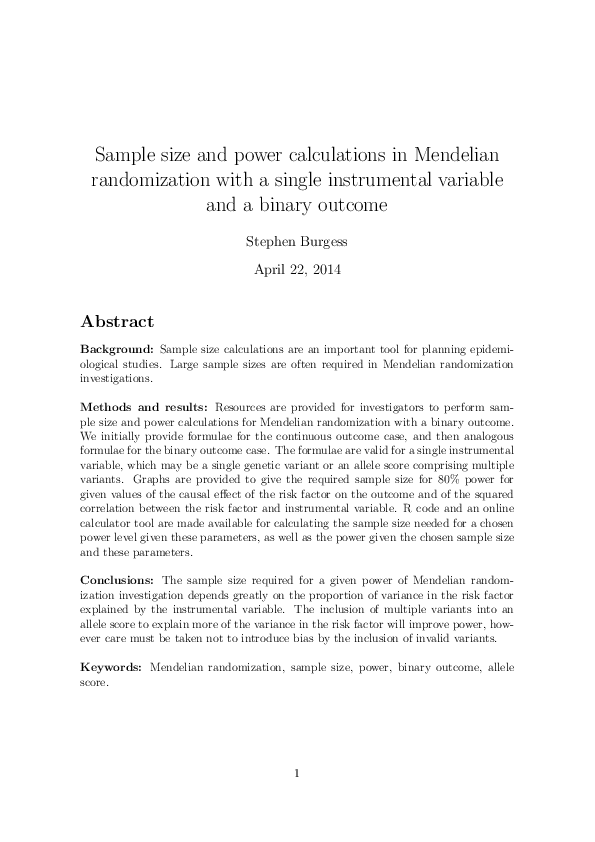 (PDF) Sample size and power calculations in Mendelian randomization with a single instrumental ...
