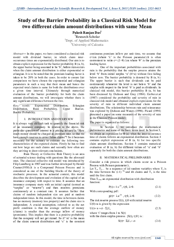 (PDF) Study of the Barrier Probability in a Classical Risk Model for ...