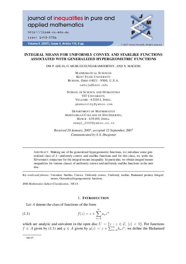 Pdf Integral Means For Uniformly Convex And Starlike Functions Associated With Generalized