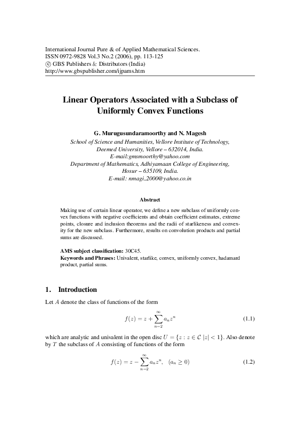 Pdf Linear Operators Associated With A Subclass Of Uniformly Convex Functions