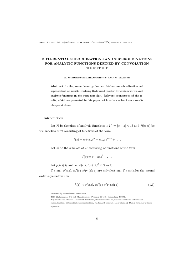 (PDF) DIFFERENTIAL SUBORDINATIONS AND SUPERORDINATIONS FOR ANALYTIC FUNCTIONS DEFINED BY ...