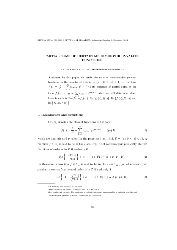 Pdf Partial Sums Of Certain Meromorphic P Valent Functions