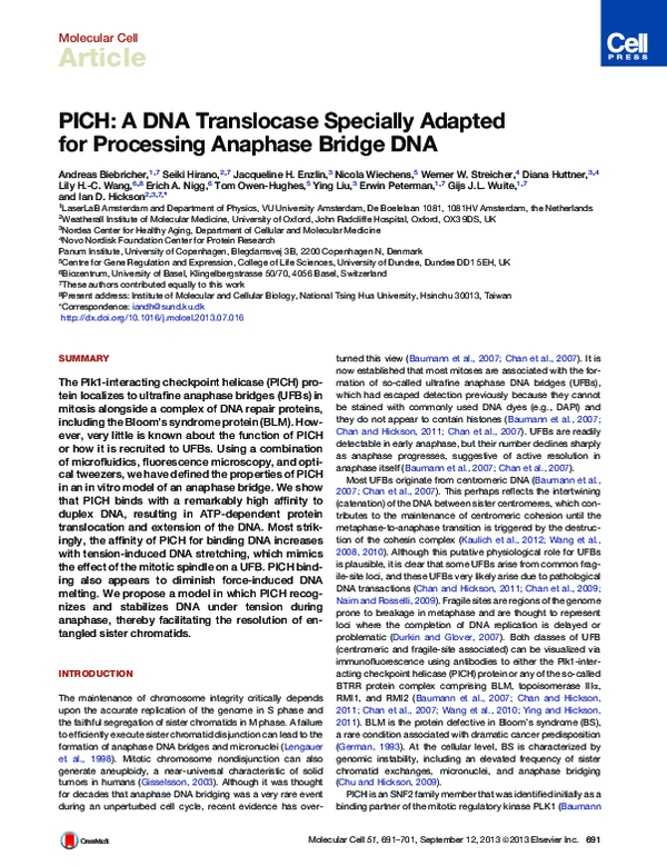 (PDF) Molecular Cell Article PICH: A DNA Translocase Specially Adapted ...