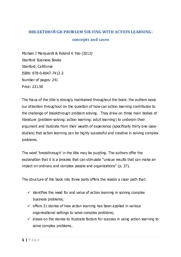 Doc Breakthrough Problem Solving With Action Learning Concepts And Cases