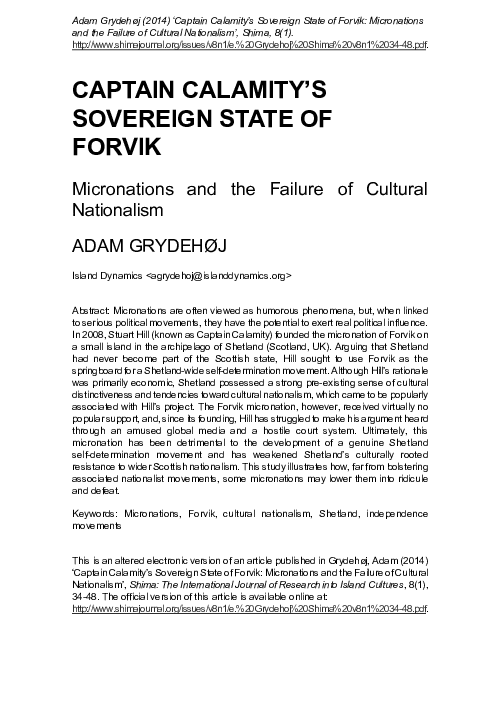 (PDF) Captain Calamity's Sovereign State of Forvik: Micronations and ...