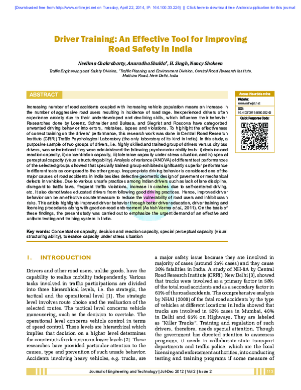 (PDF) Driver Training: An Effective Tool For Improving Road Safety In India