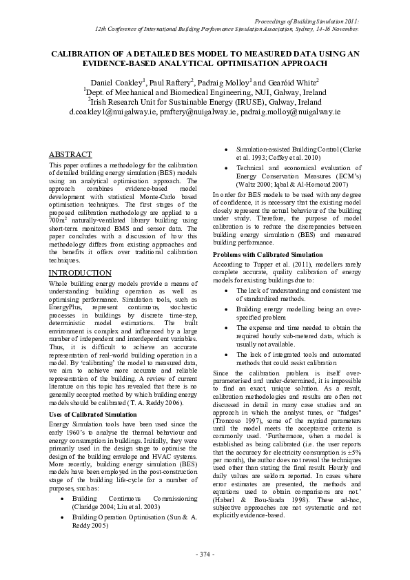 Pdf Calibration Of A Detailed Building Energy Simulation Bes Model To Measured Data Using An